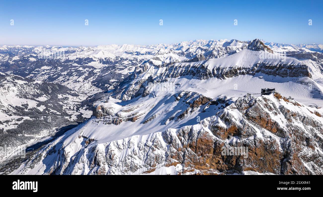 Panoramic Aerial View of Glacier 3000 with Alpine Peaks and Suspended ...