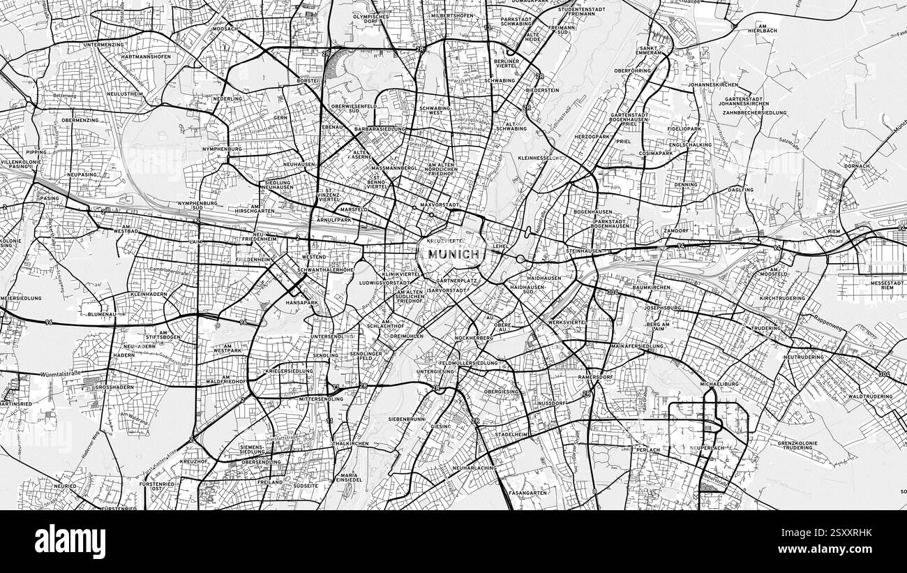 Minimalist München Street Map with Labels and Neighborhoods with many ...