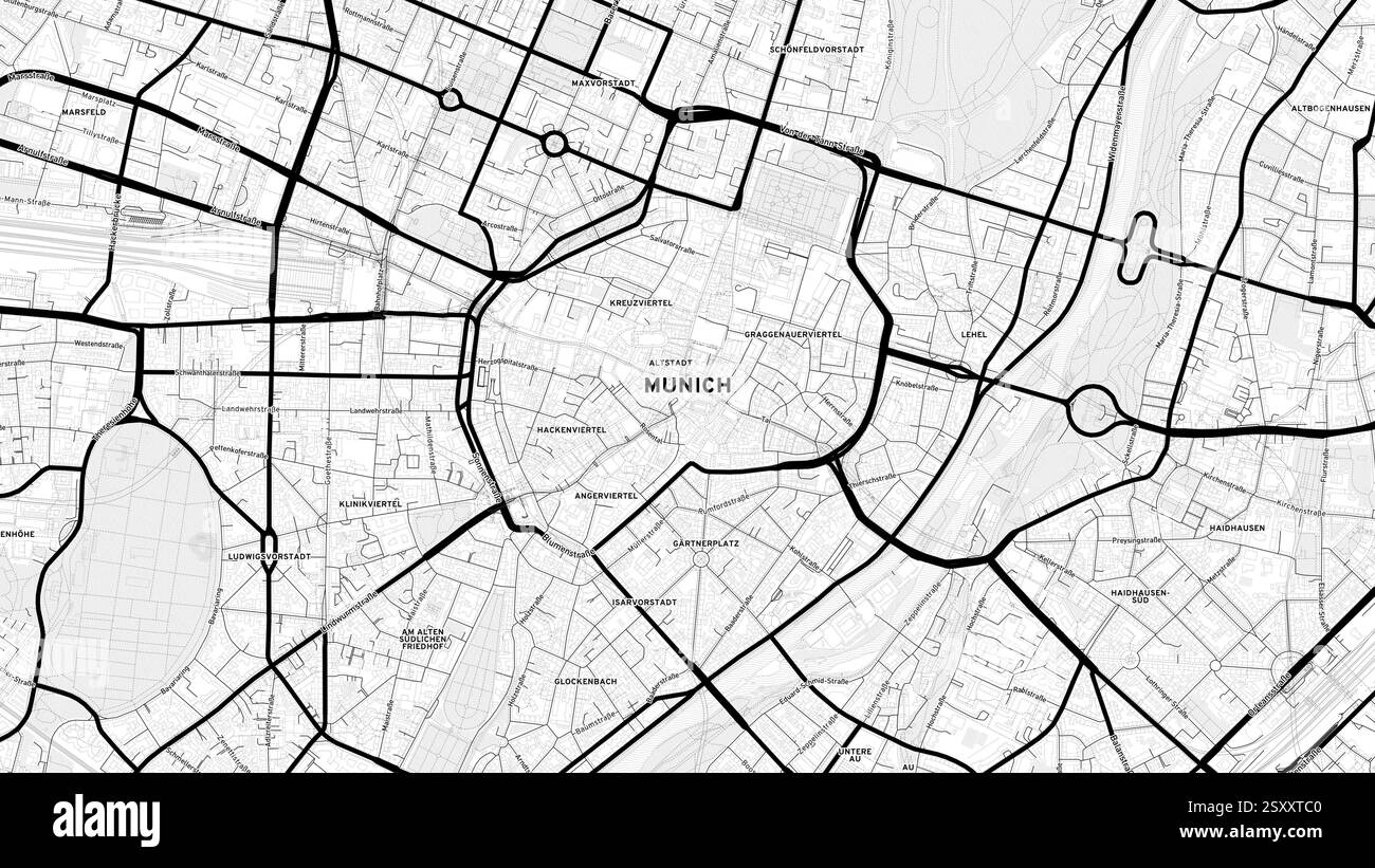 Minimalist München Street Map with Labels and Neighborhoods with many ...