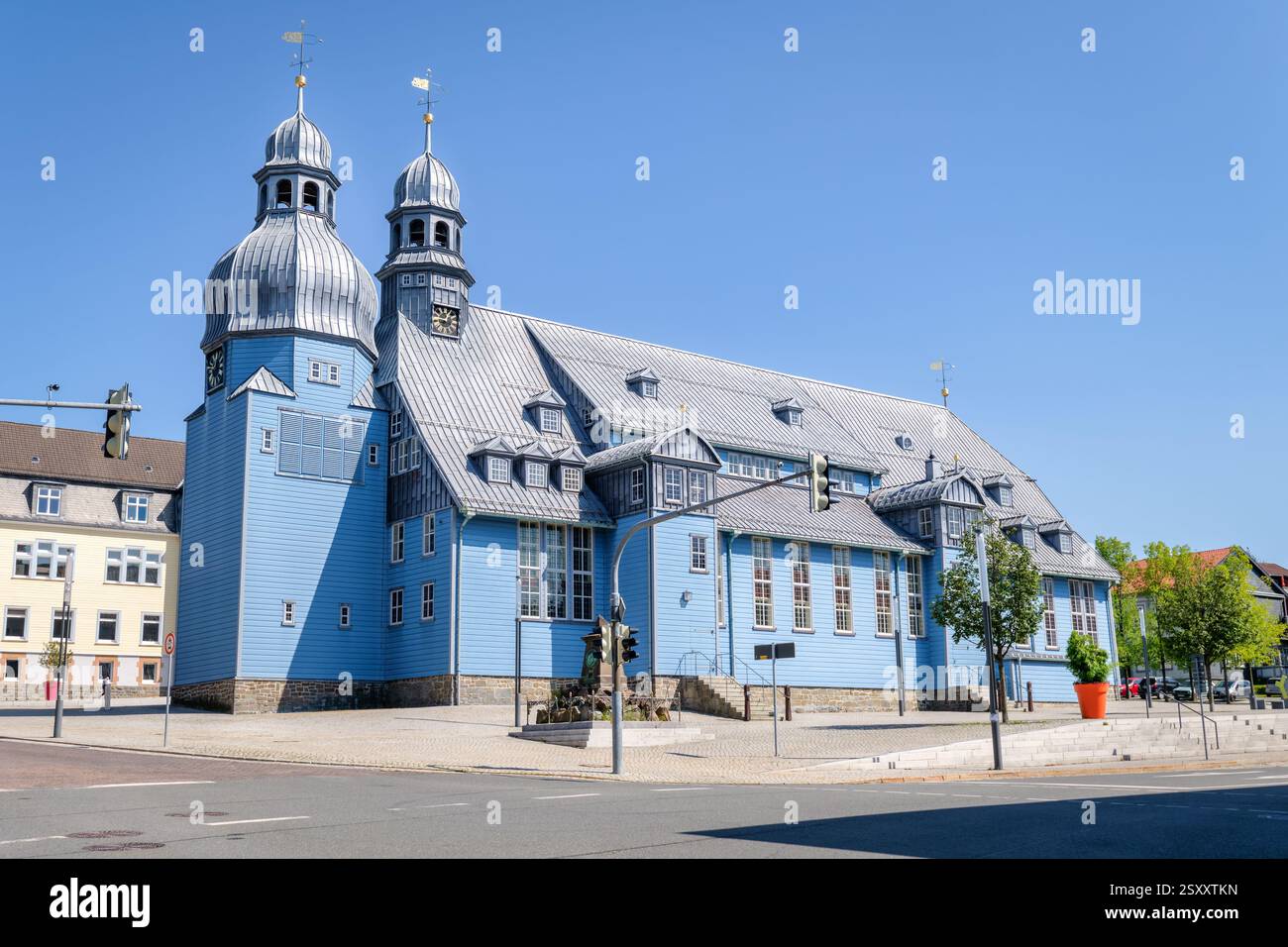 Clausthal-Zellerfeld, Germany – August 28, 2024: The blue Market Church ...
