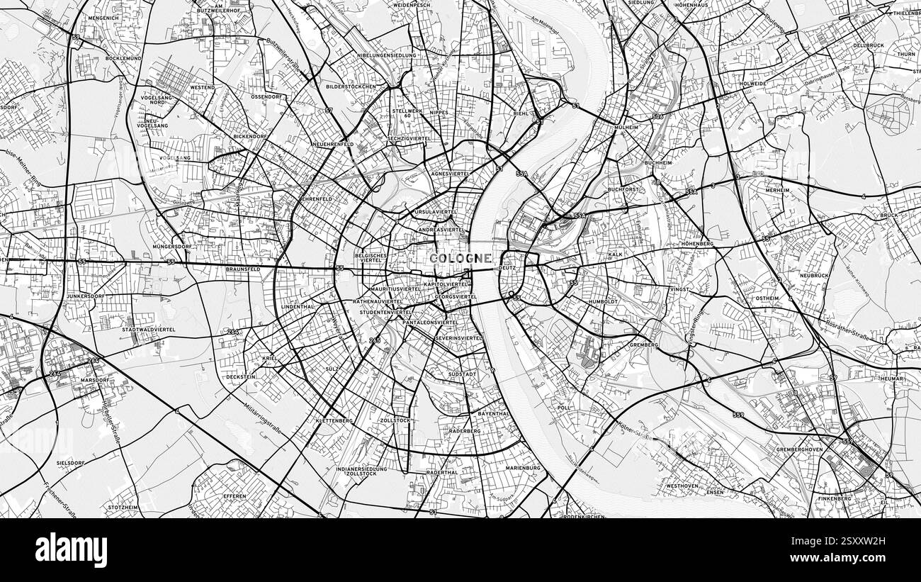 Minimalist Cologne Street Map with Labels and Neighborhoods with many ...