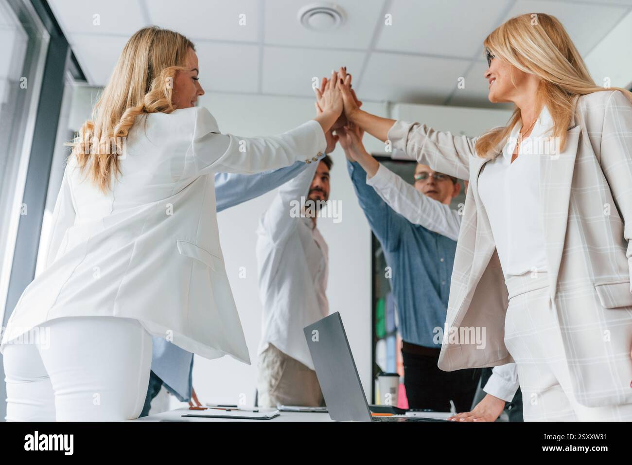 Doing high five. Successful agreement. Group of professional business ...