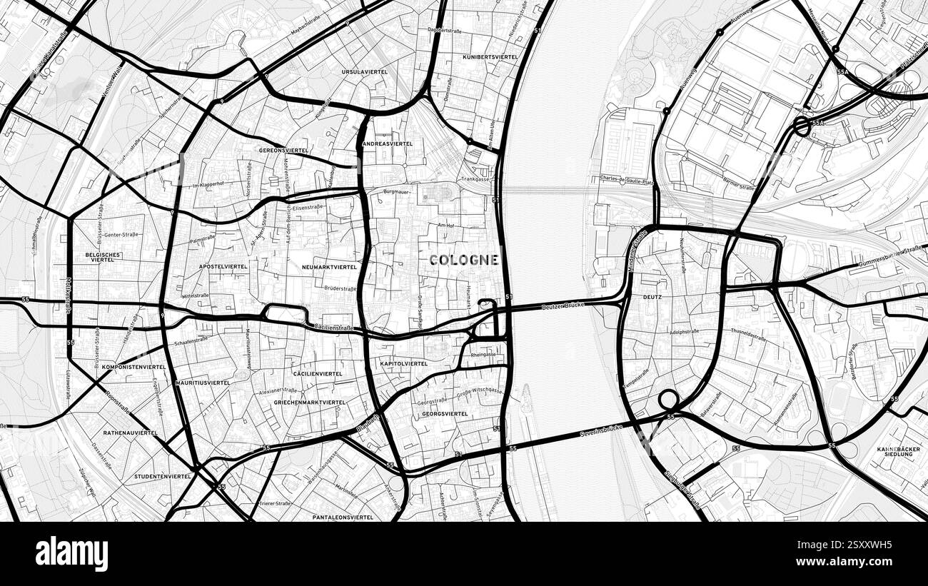 Minimalist Cologne Street Map with Labels and Neighborhoods with many ...