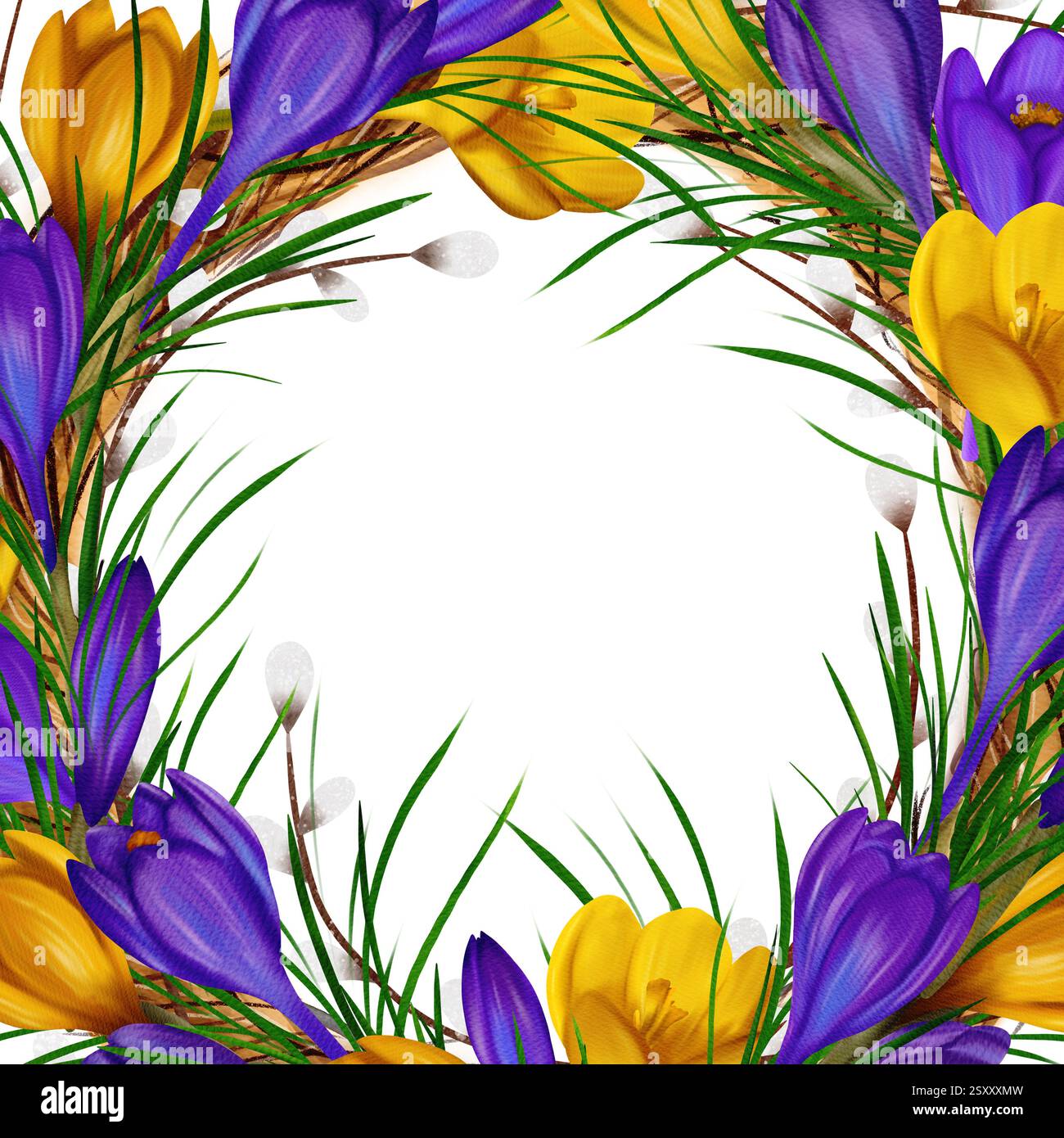 Easter square frame, banner, template with yellow and purple crocuses ...