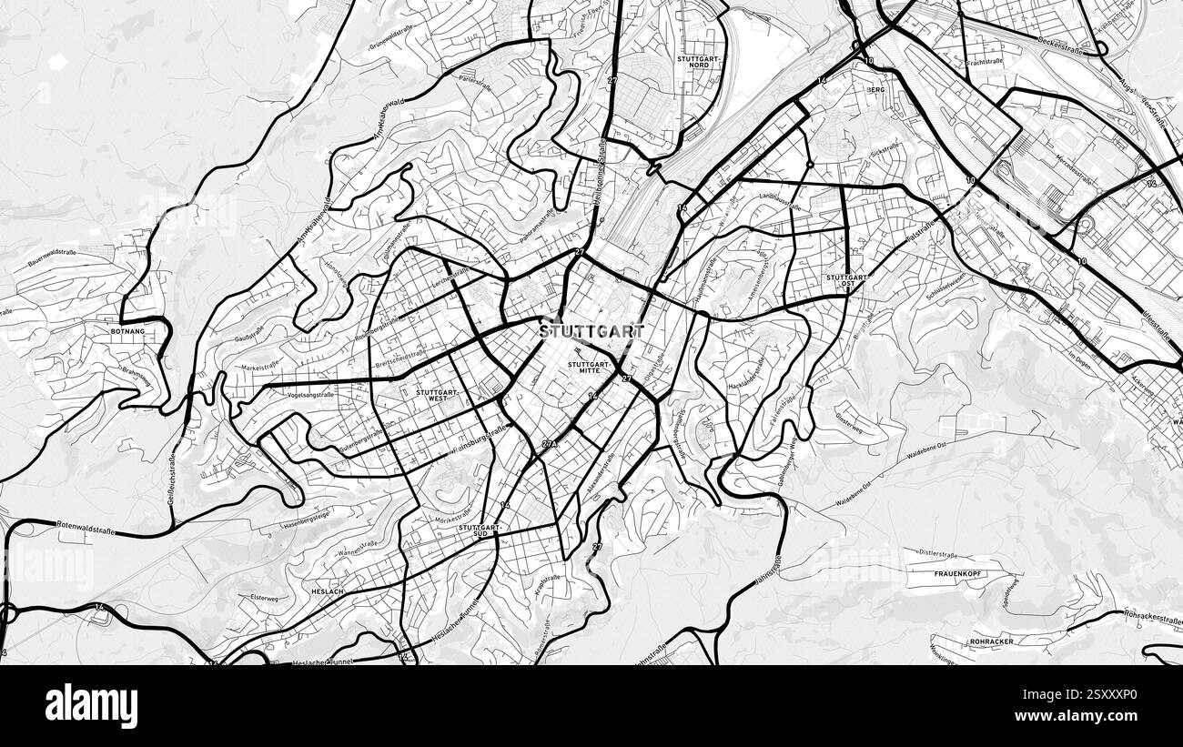 Minimalist Stuttgart Street Map with Labels and Neighborhoods with many ...