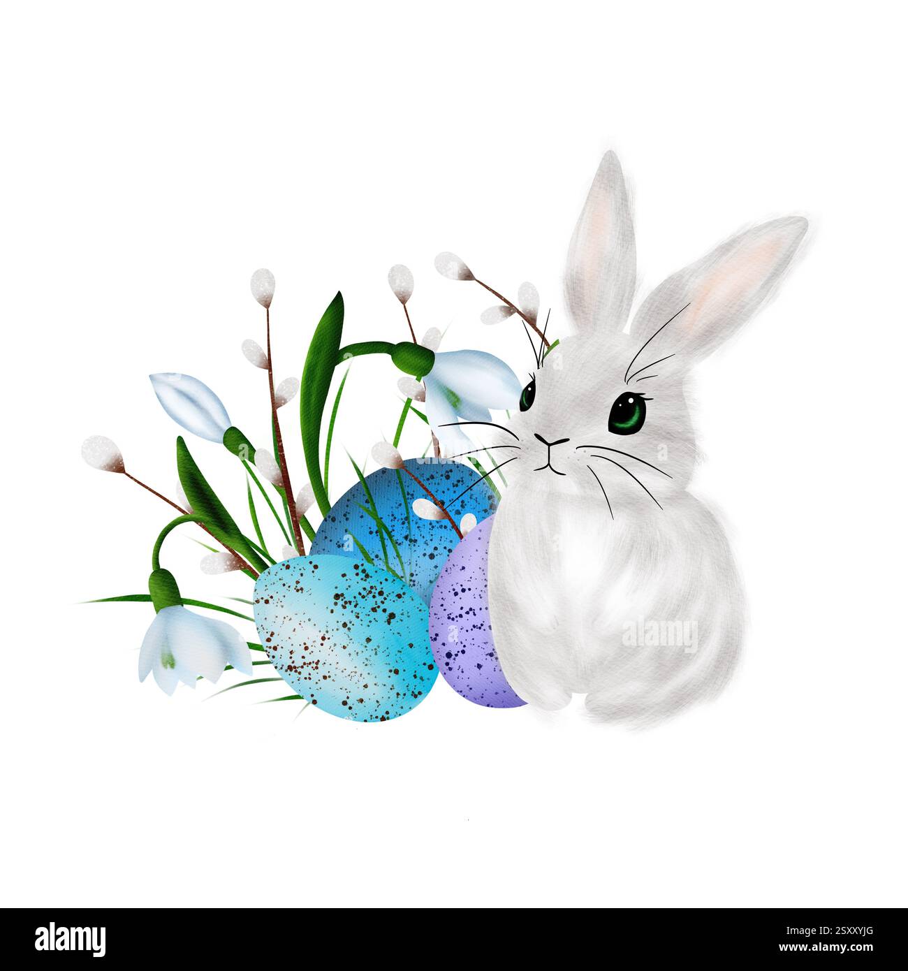 Easter composition with a white rabbit, colourful eggs, snowdrop ...