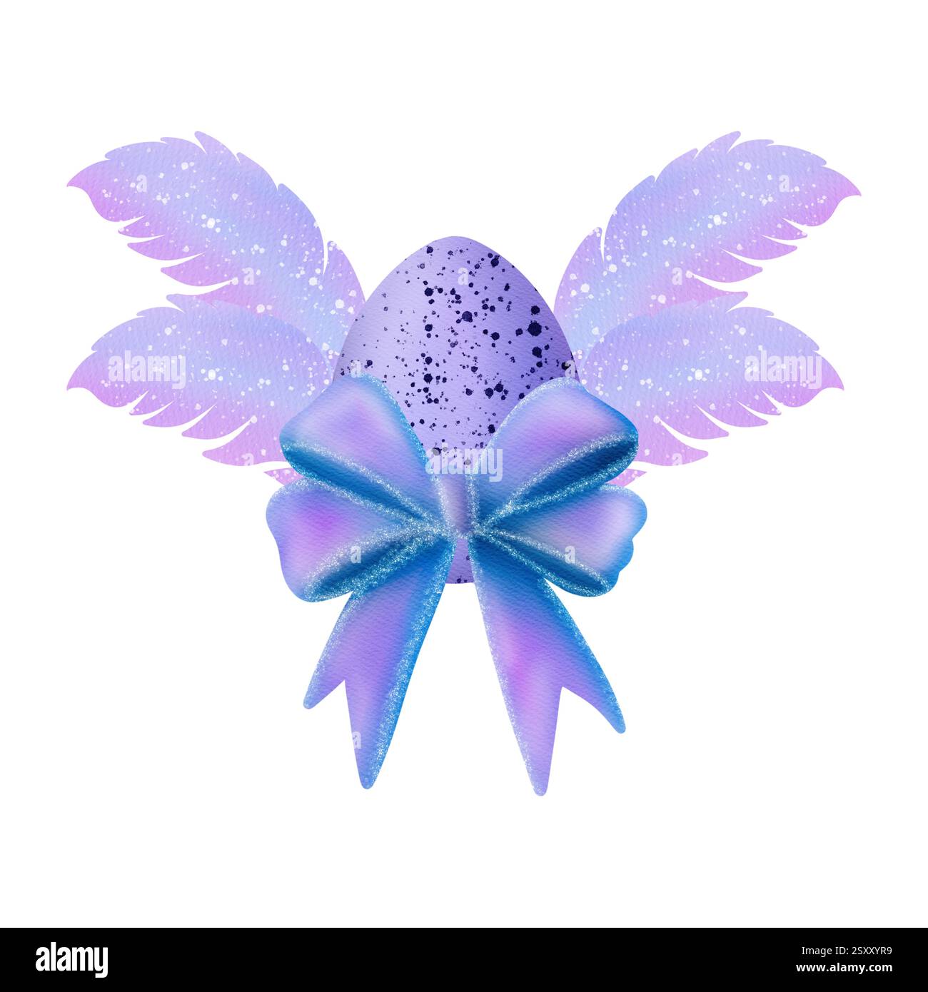 Colourful violet egg with wings and beautiful pink and violet bow ...