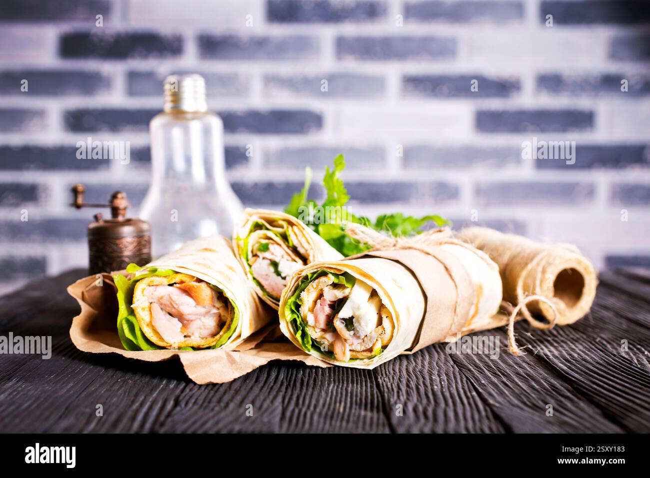 Traditional Middle Eastern snack. Fresh shawarma with ham, pork ...