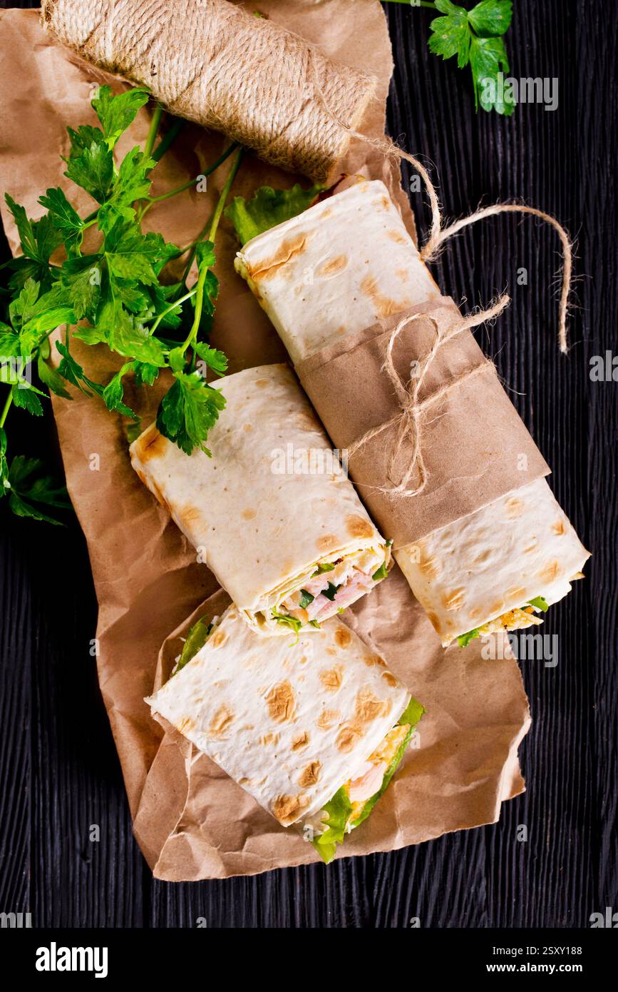 Traditional Middle Eastern snack. Fresh shawarma with ham, pork ...