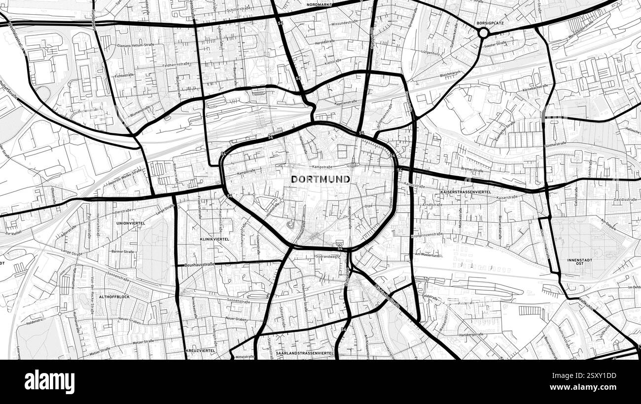 Minimalist Dortmund Street Map with Labels and Neighborhoods with many details for urban roads ...