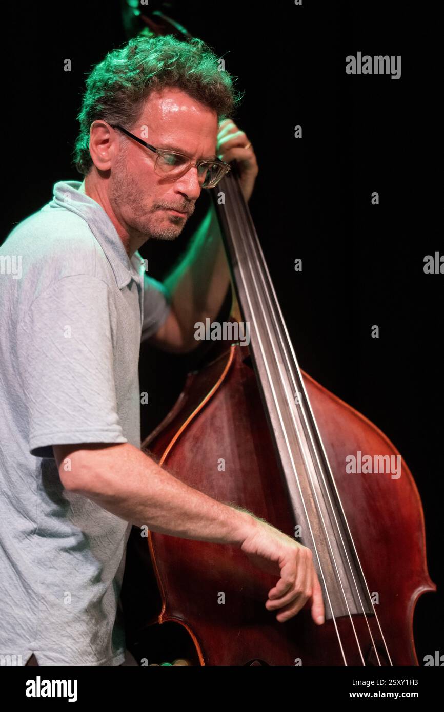 Jazz musician Larry Grenadier performing with a double bass in an ...