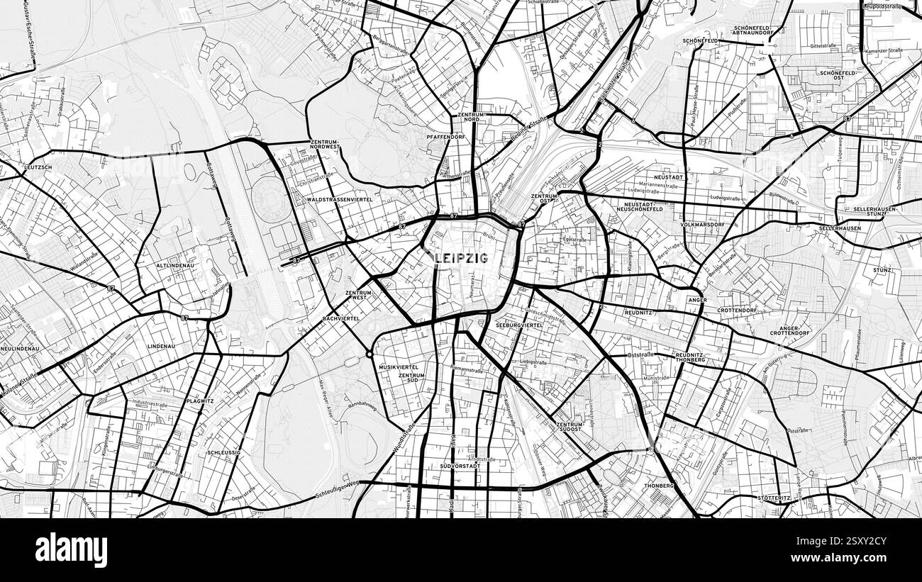 Minimalist Leipzig Street Map with Labels and Neighborhoods with many ...