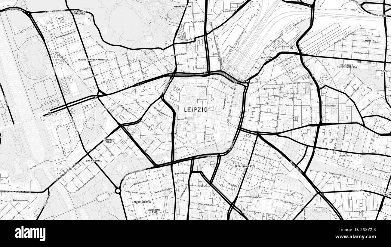 Minimalist Leipzig Street Map with Labels and Neighborhoods with many ...