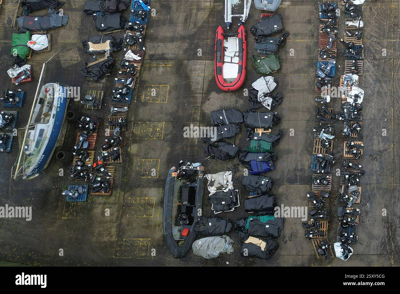 A general view of small boats and inflatable dinghies in a Border Force ...