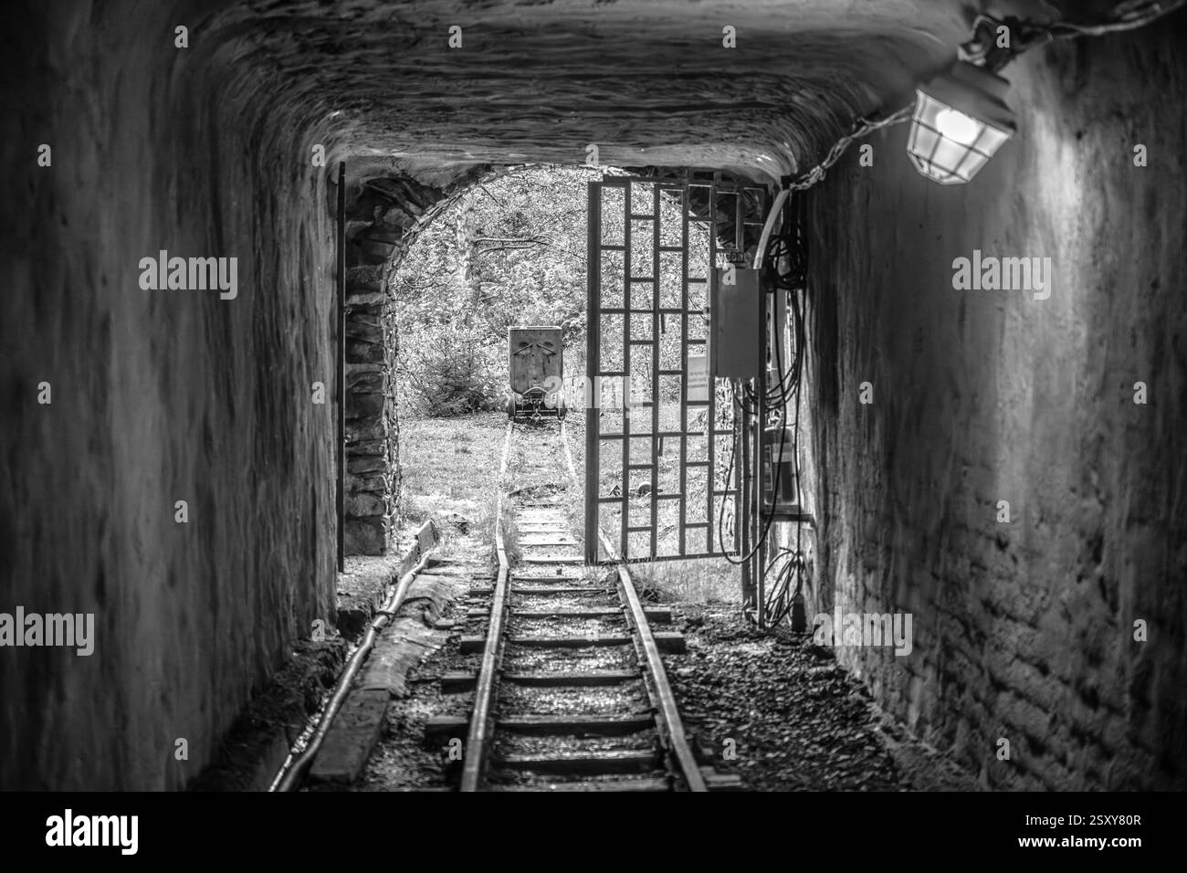 The entrance to a mine shaft in Jachymov features an open gate ...