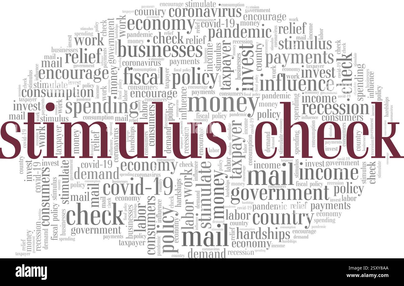 Stimulus Check vector illustration word cloud isolated on a white ...