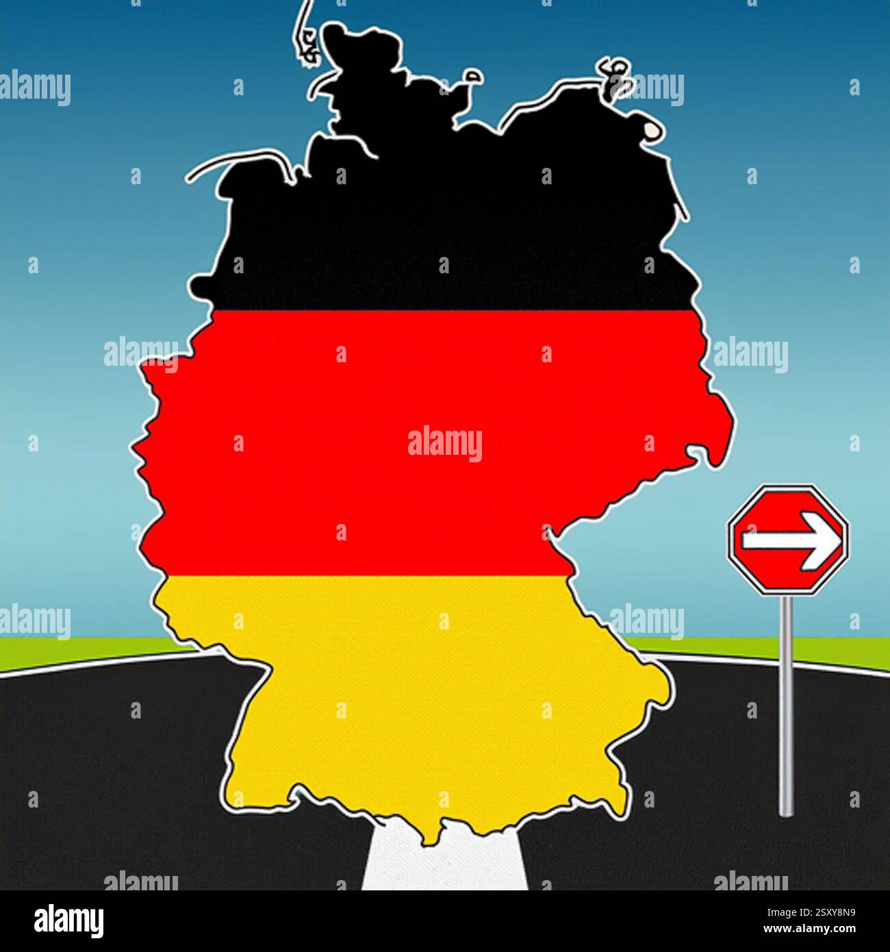 An illustration of Germany rotated to the right alongside a road sign ...