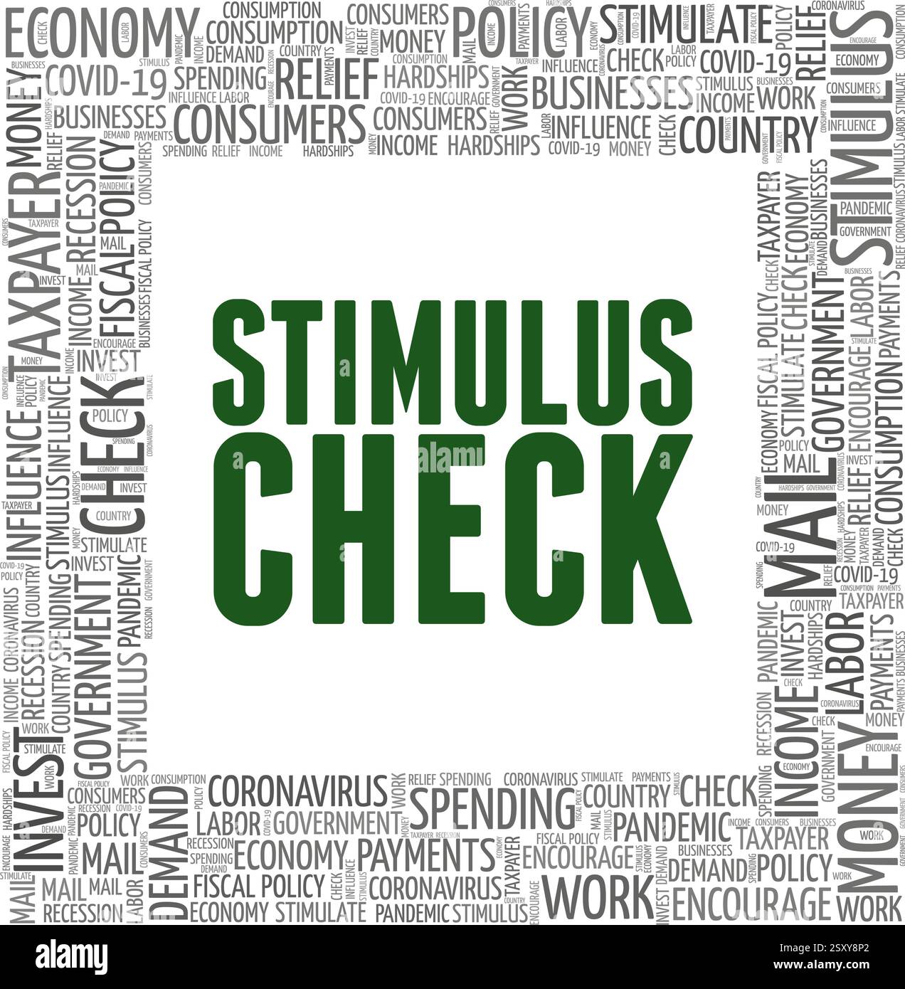 Stimulus Check vector illustration word cloud isolated on a white ...