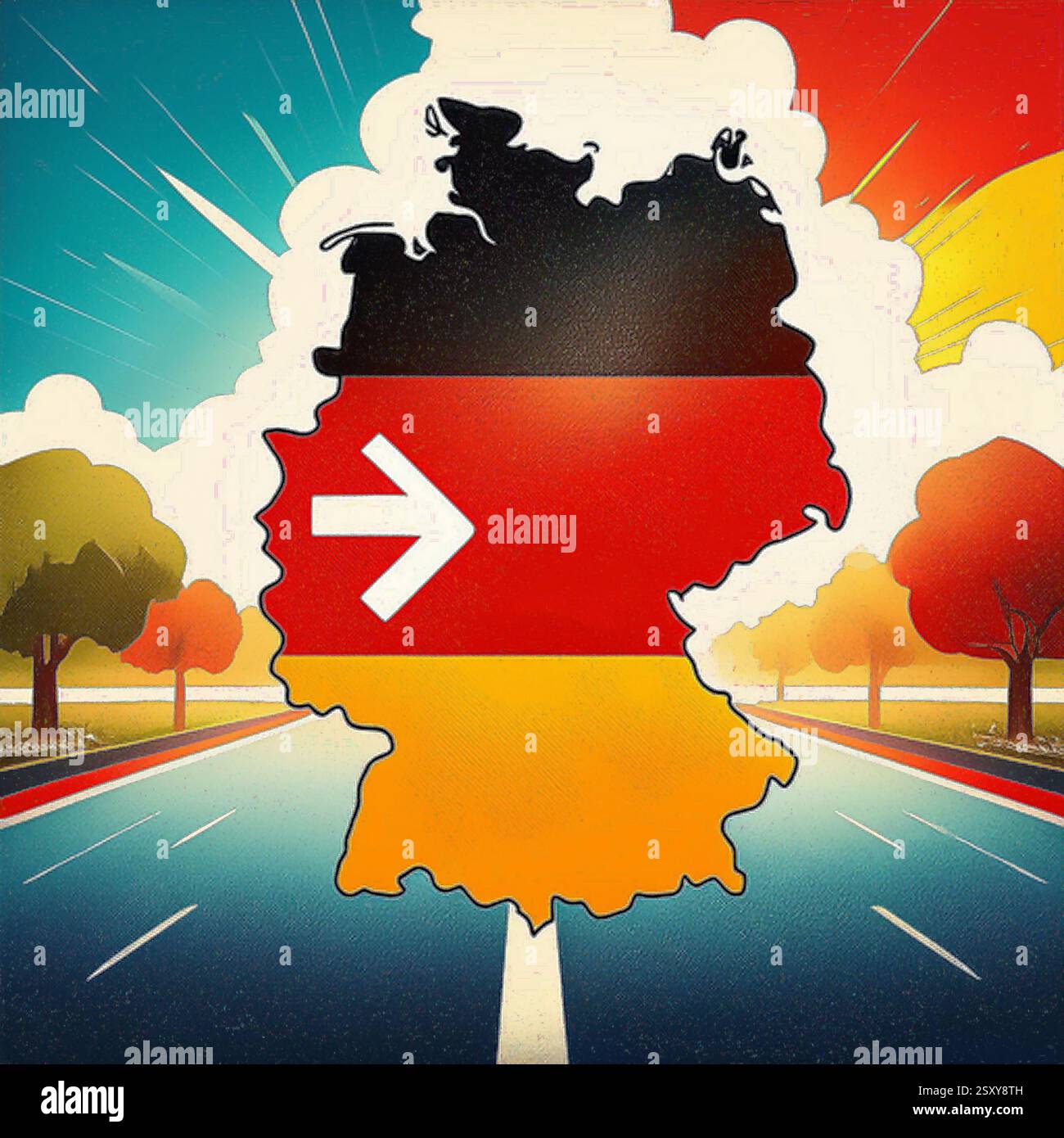 An illustration of Germany rotated to the right alongside a road sign ...