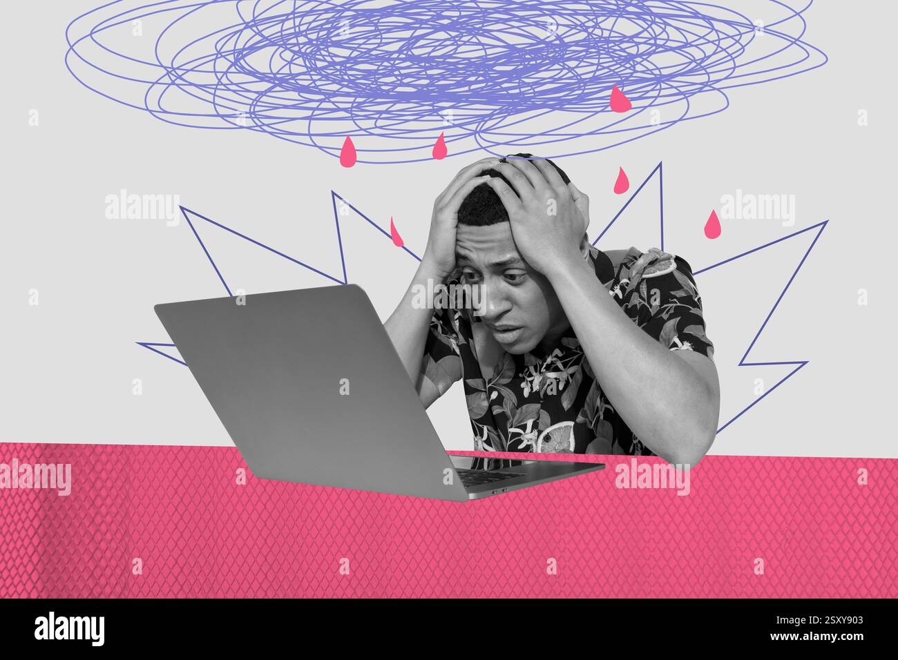 Creative sketch image art collage of puzzled american man hold head sit ...