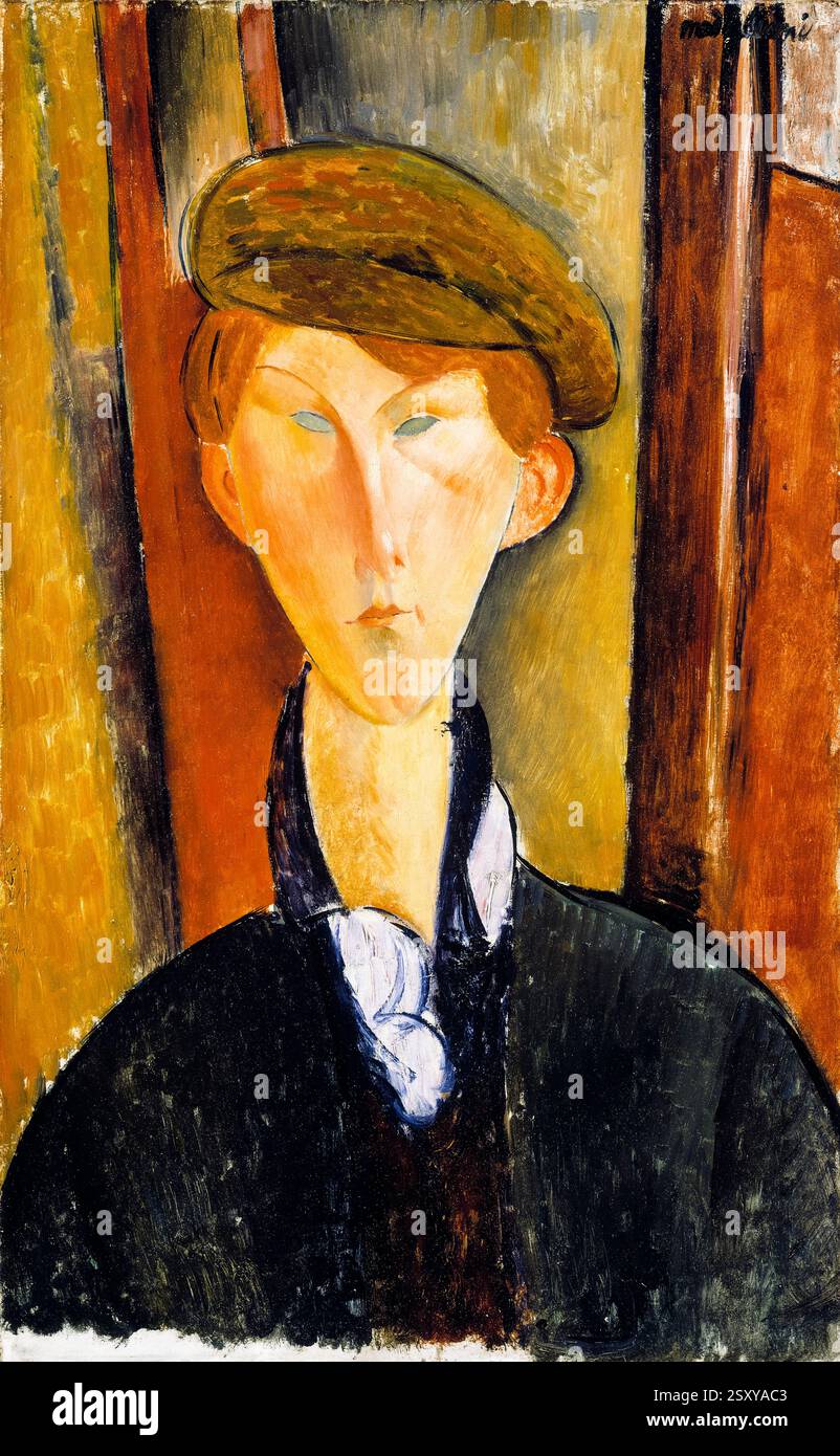 Amedeo Modigliani, Young Man with a Cap, portrait painting in oil on ...