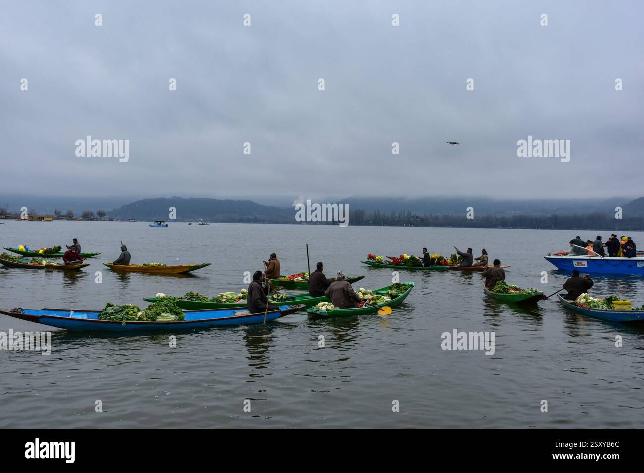 Kashmiri boatmen row their boats laden with vegetables and flowers as ...