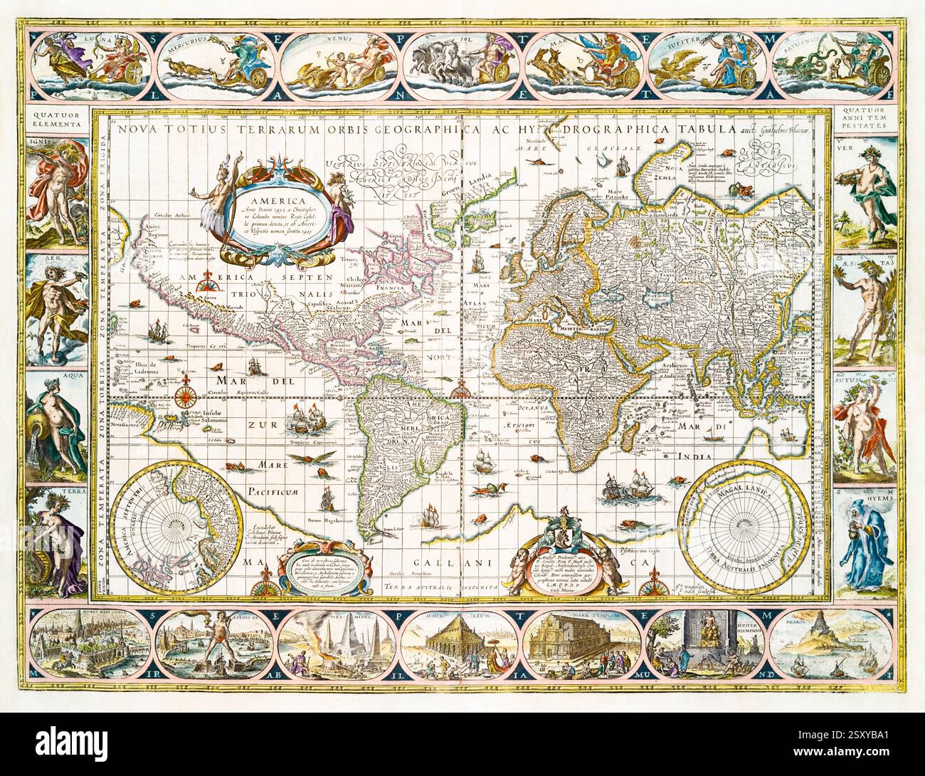 17th Century Vintage World Map, 'A New Geographical and Hydrographic Map of the entire World' by ...