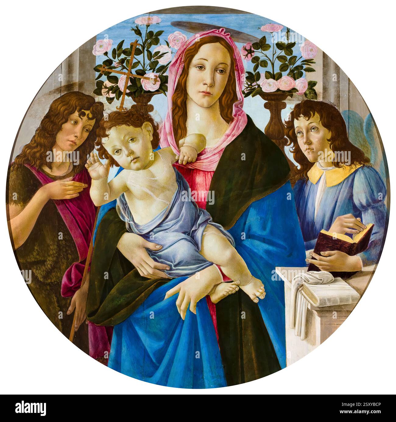 Sandro Botticelli, Madonna with Child, St John the Baptist, and Angel, painting in distemper on ...