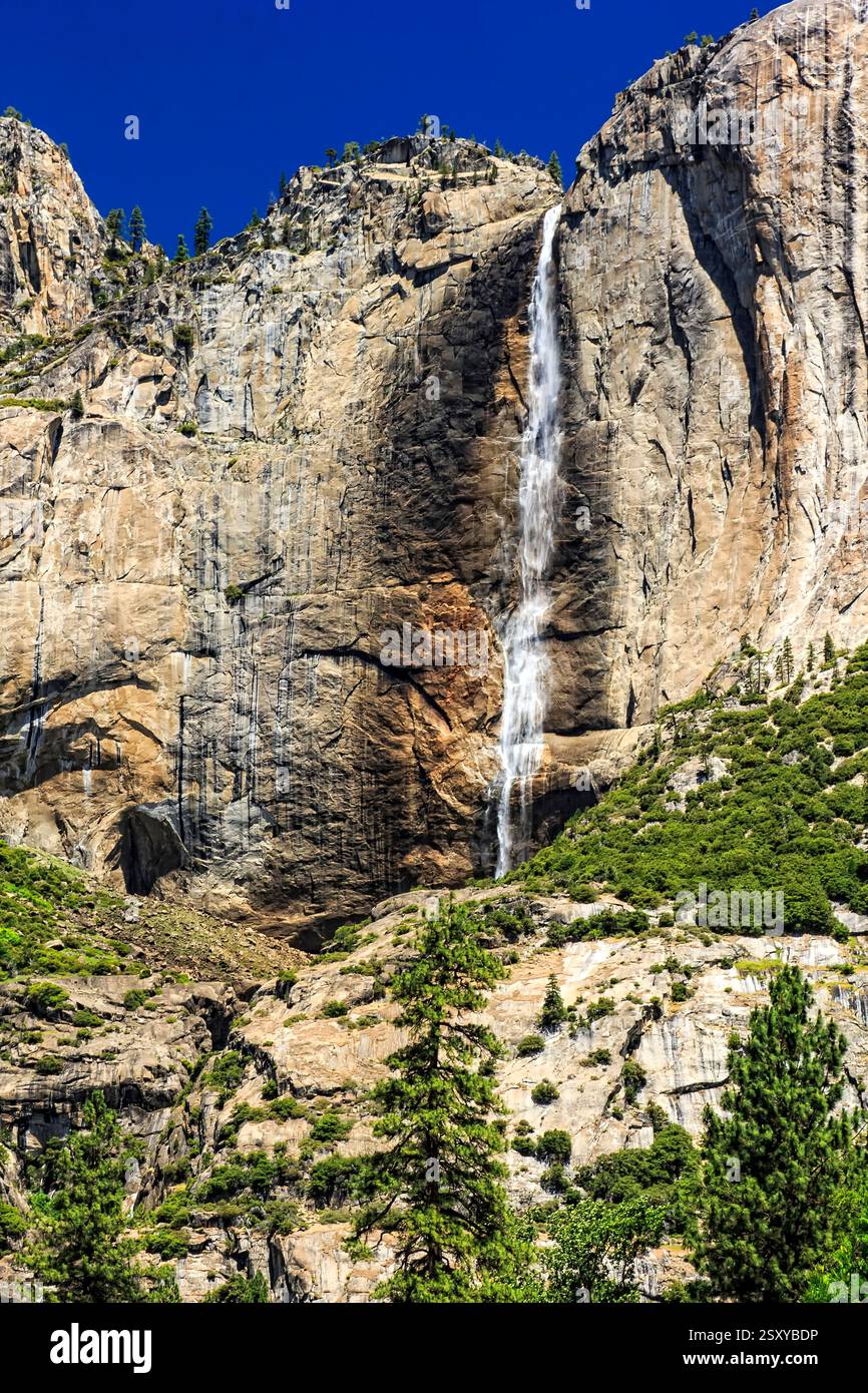 Waterfall is flowing down a cliff. The waterfall is surrounded by trees ...
