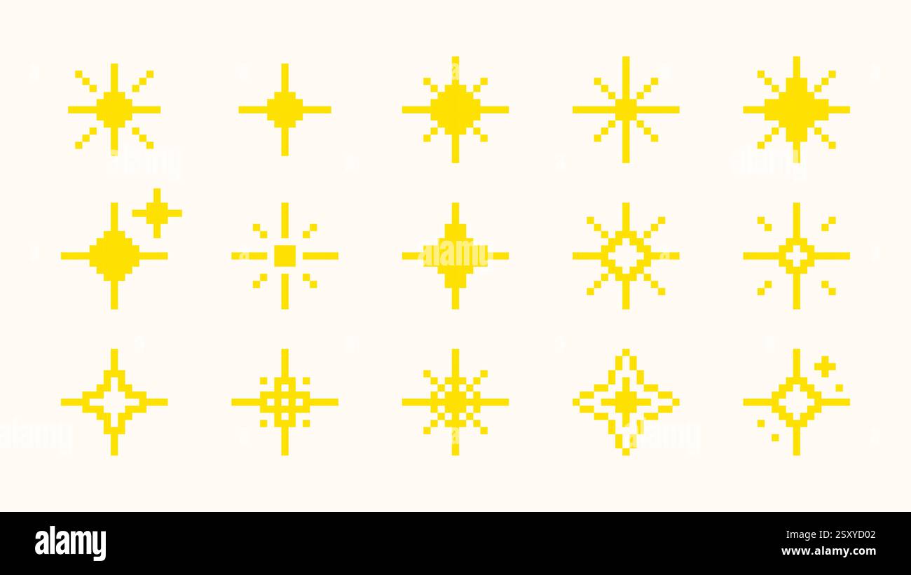 Collection of pixel art sparkling stars. Shining brightly pixelated sparkling retro elements ...