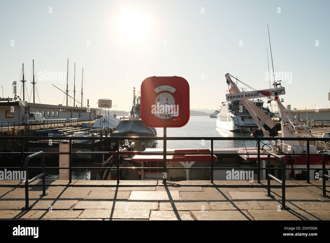 A striking image of a lifebuoy mounted at a pier, framing a view of ...