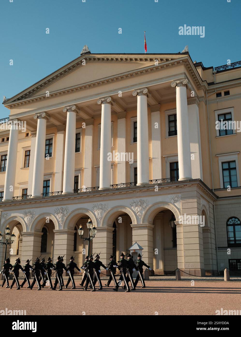 A disciplined group of soldiers marching in formation in front of a ...
