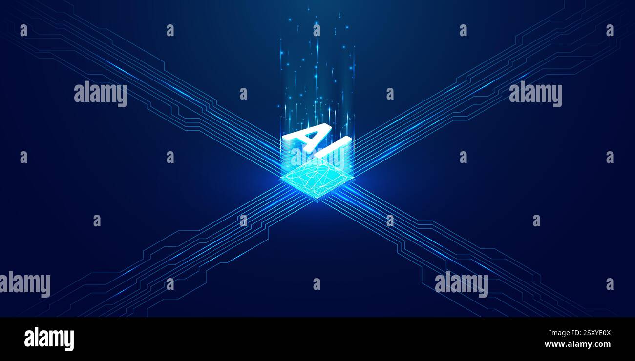 Isometric AI chip with light blue elements on technology background ...
