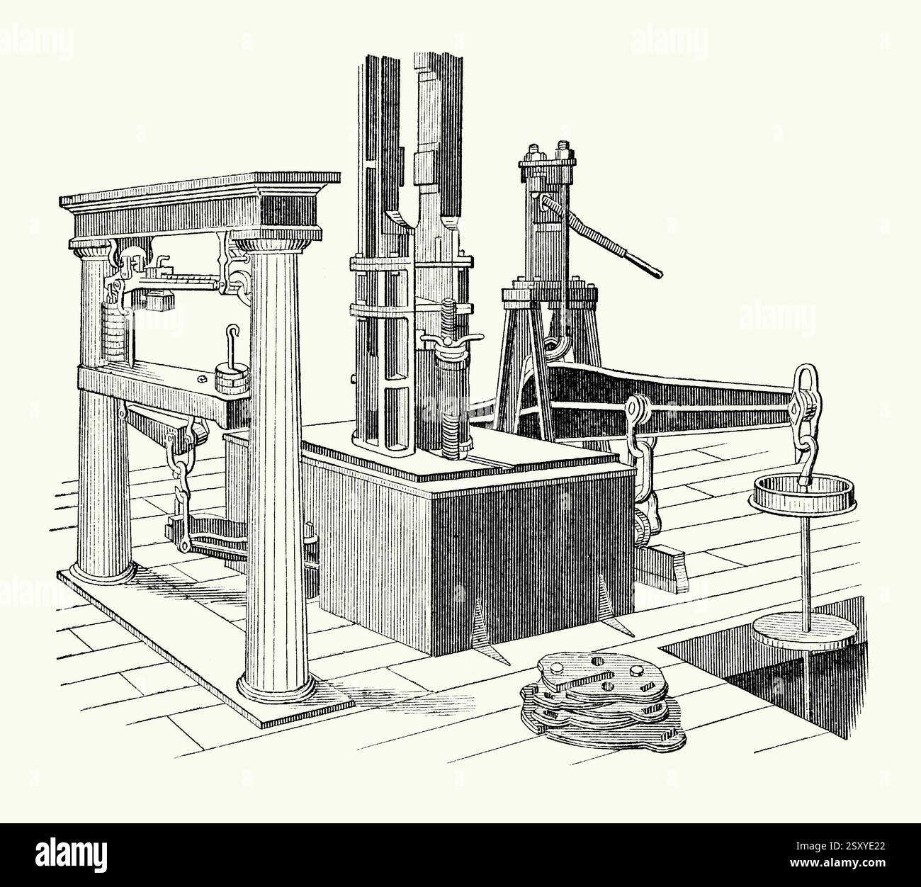 An old engraving of Samuel Colt’s armory (armoury) testing machine of ...