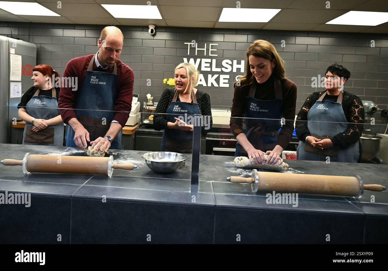 The Prince and Princess (second right) of Wales help prepare and cook a batch of Welsh cakes at ...