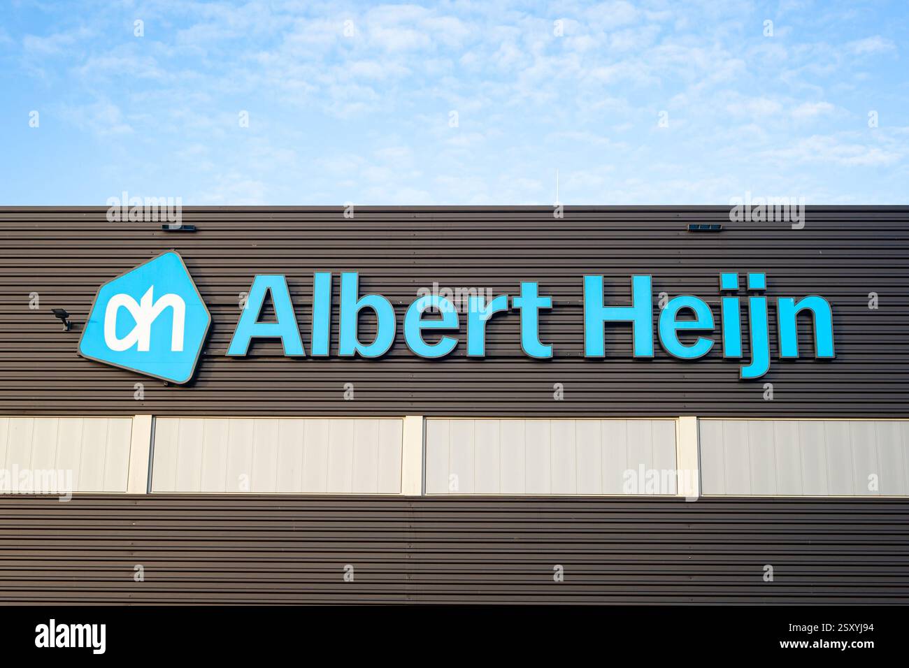 Logo and name of supermarket chain Albert Heijn, part of Ahold Delhaize ...