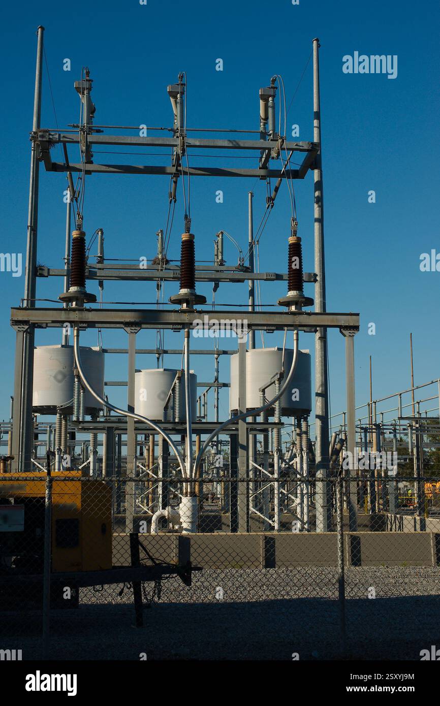 Vertical view of the Electric substation Leading lines poles with High ...