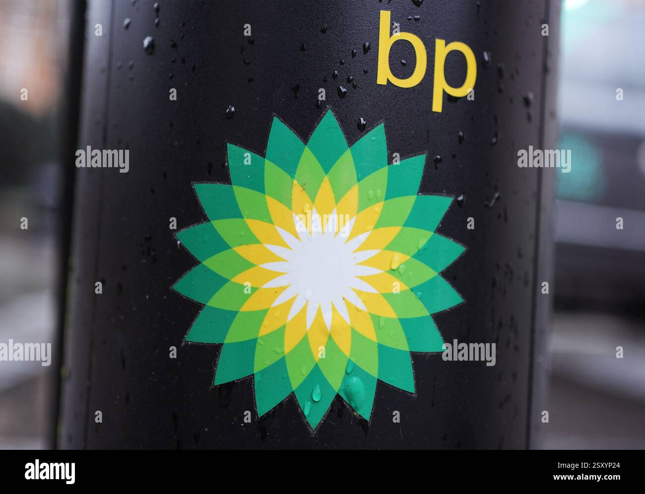 The BP logo on a BP Pulse electric vehicle charging point in central ...