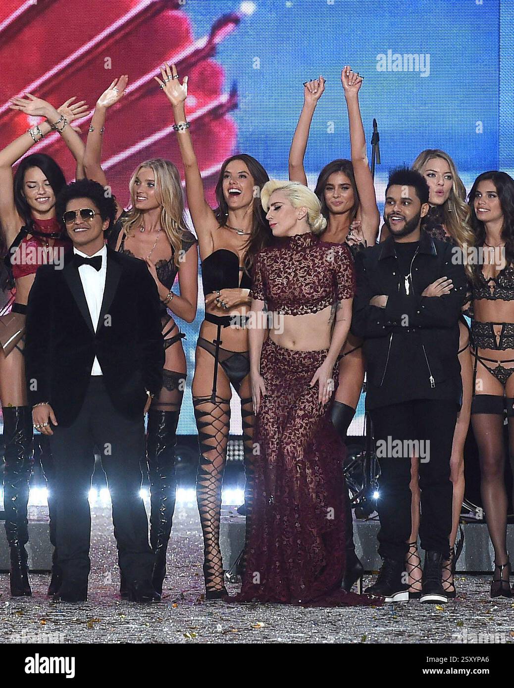 Lady Gaga, Bruno Mars, The Weeknd, on stage with models on the runway ...