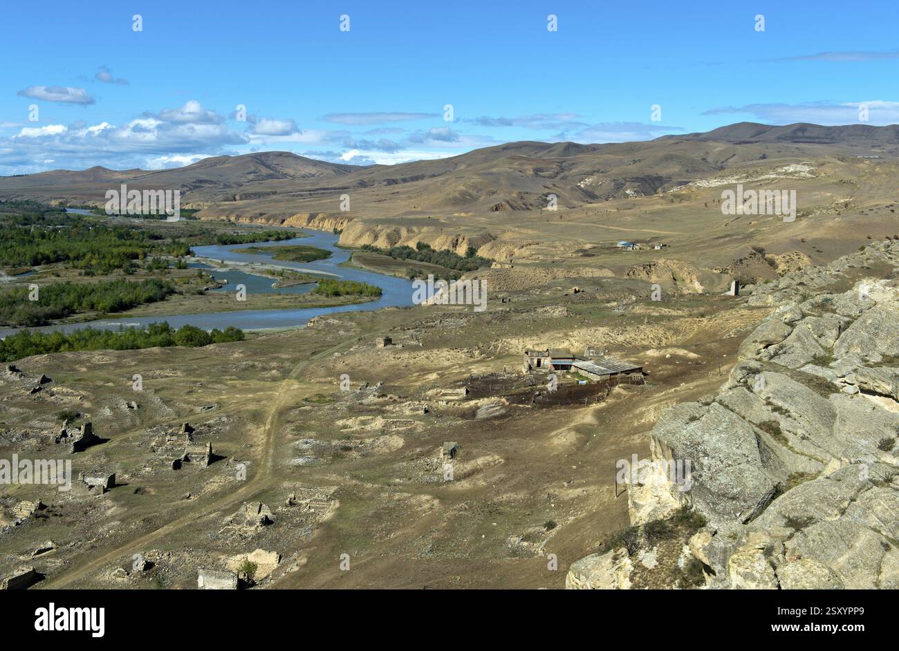 The wide valley of the river Kura, Mtkvari, near Uplistsikhe, Inner Cartlia, Georgia, Asia Stock ...