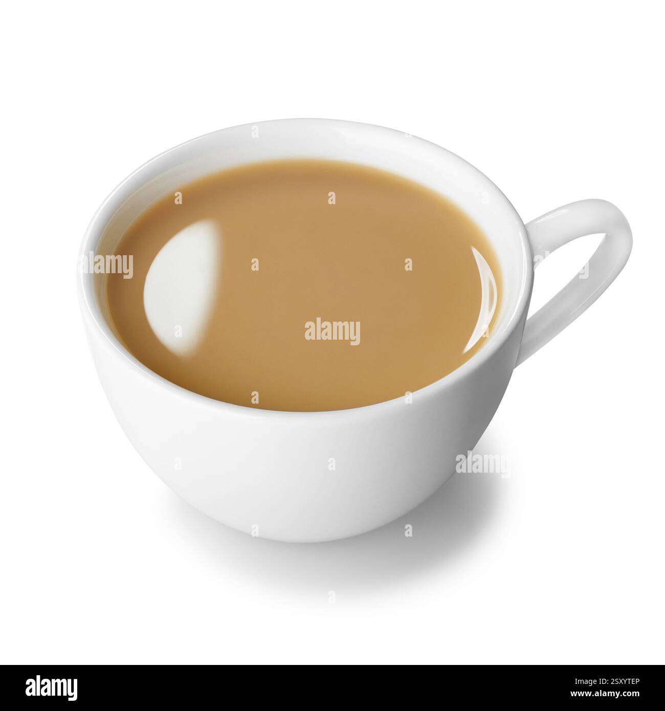 White ceramic cup containing tea or coffee with milk isolated on white ...