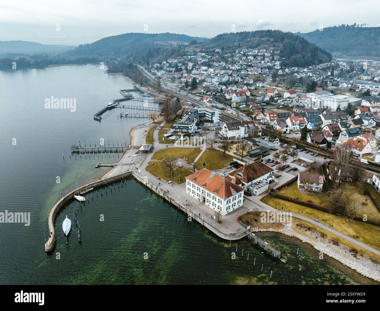 Aerial view of Lake Constance with the municipality of Bodman ...