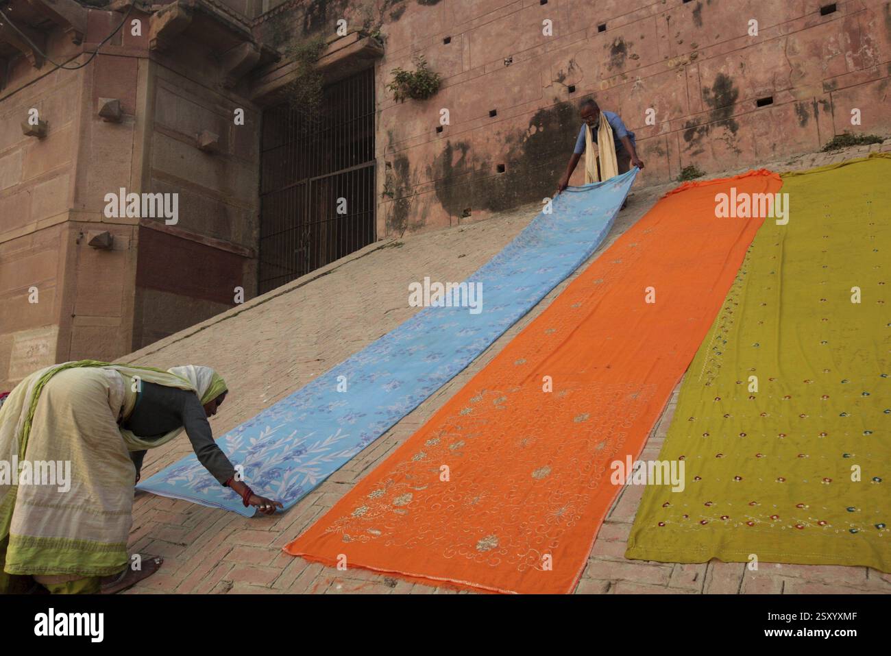 Woman drying saris on Ganga River ghat at Varanasi Uttar Pradesh India ...