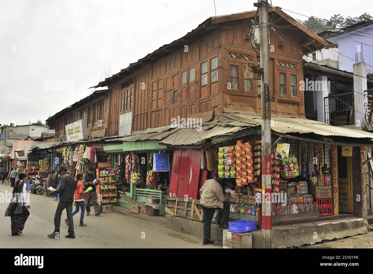 Shops and old buildings on the market road ranikhet almoda uttarakhand ...