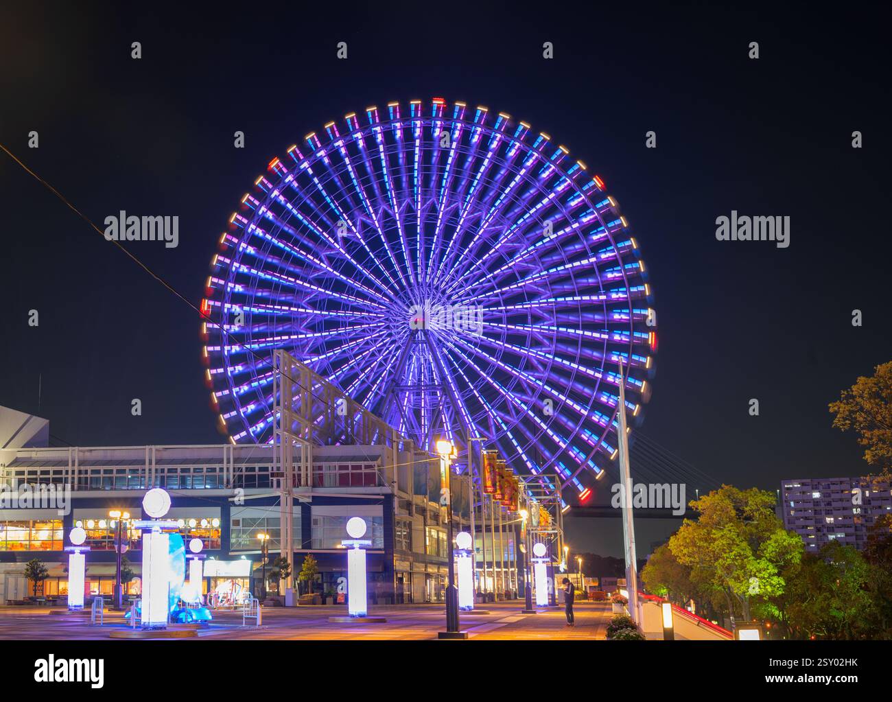 View of the illuminated Tempozan Ferris Wheel, located in Osaka, Japan, at Tempozan Harbor ...