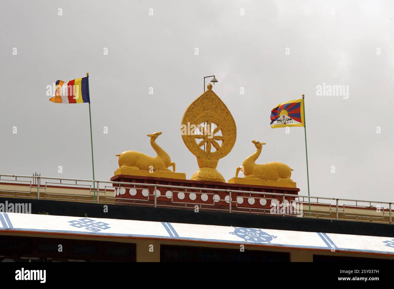 Symbols of Dharma Wheel and Deer Buddhist at Shar Gaden Monastery in ...