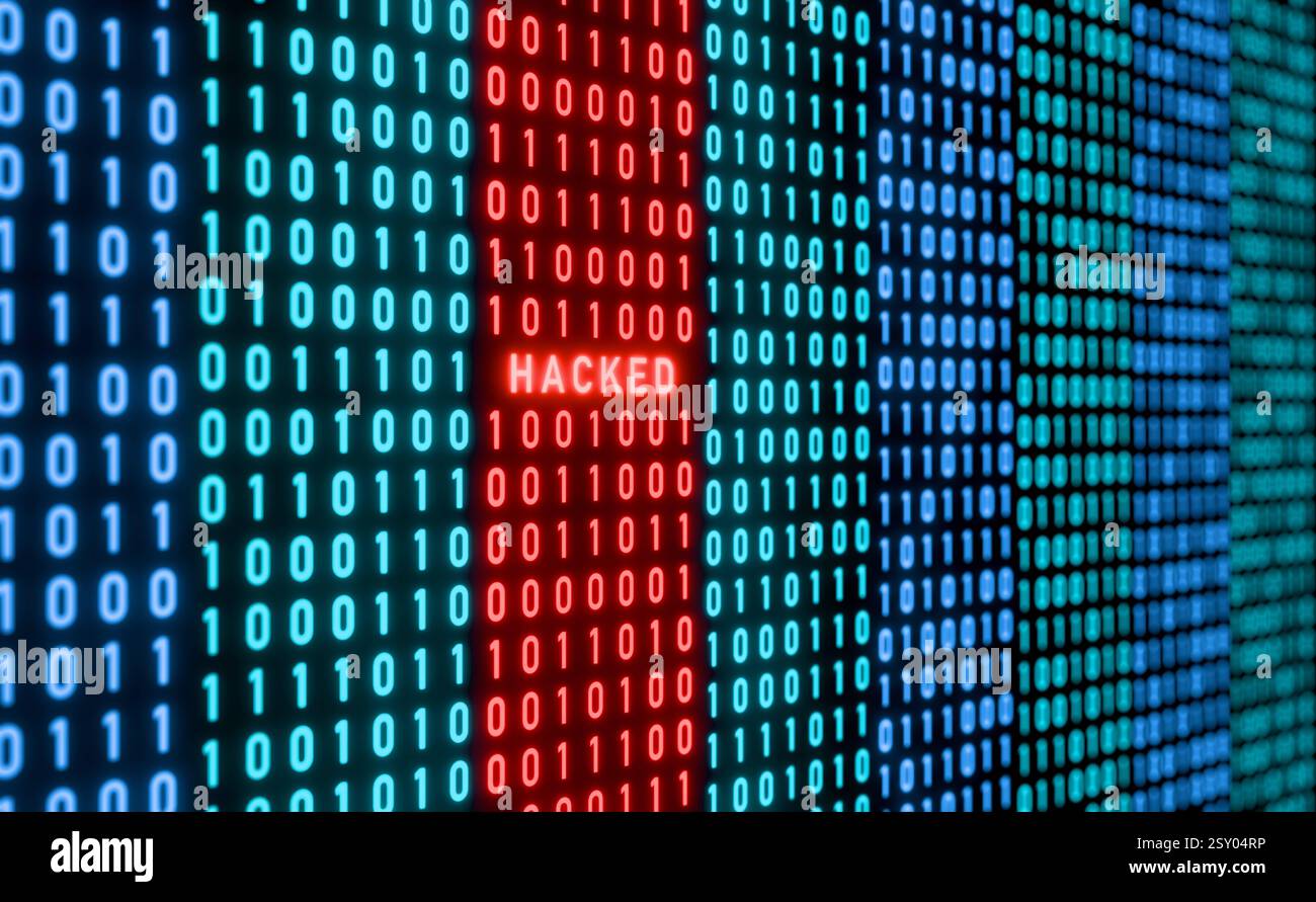 Computer hacked warning sign, binary code with red signal, cyber crime ...