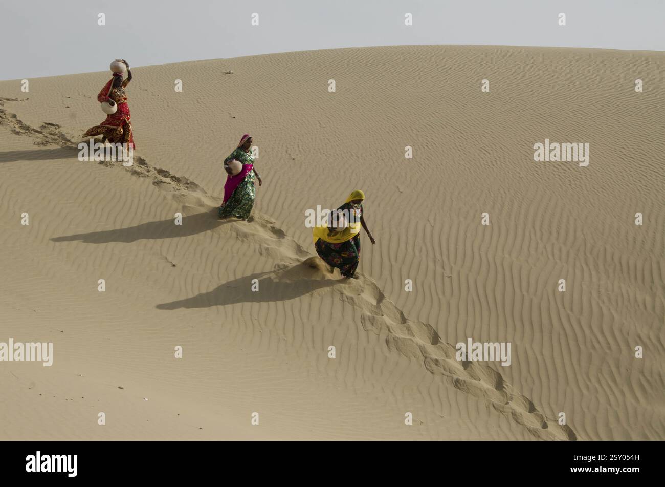 Women with pitchers running down, thar desert, jaisalmer, rajasthan ...