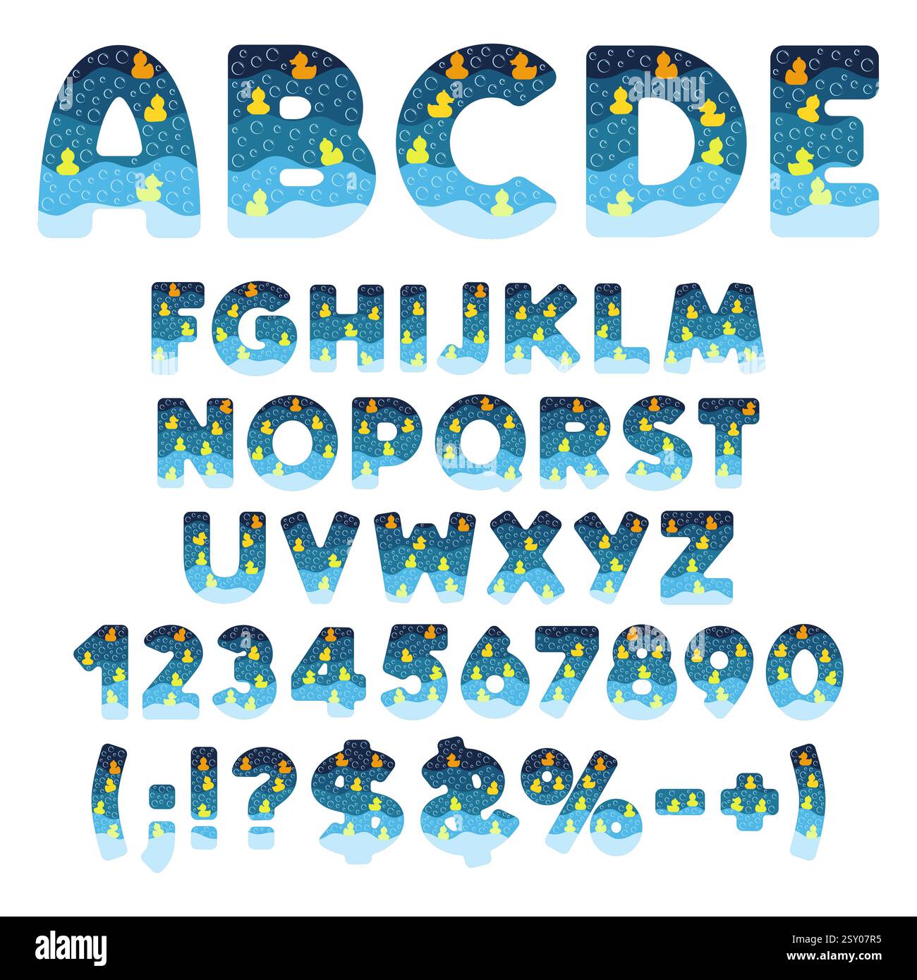 Font, alphabet, letter, number from layers with yellow toy ducks and ...