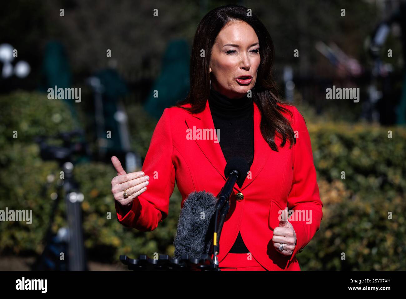 U.S. Secretary of Agriculture Brooke Rollins speaks to reporters ...